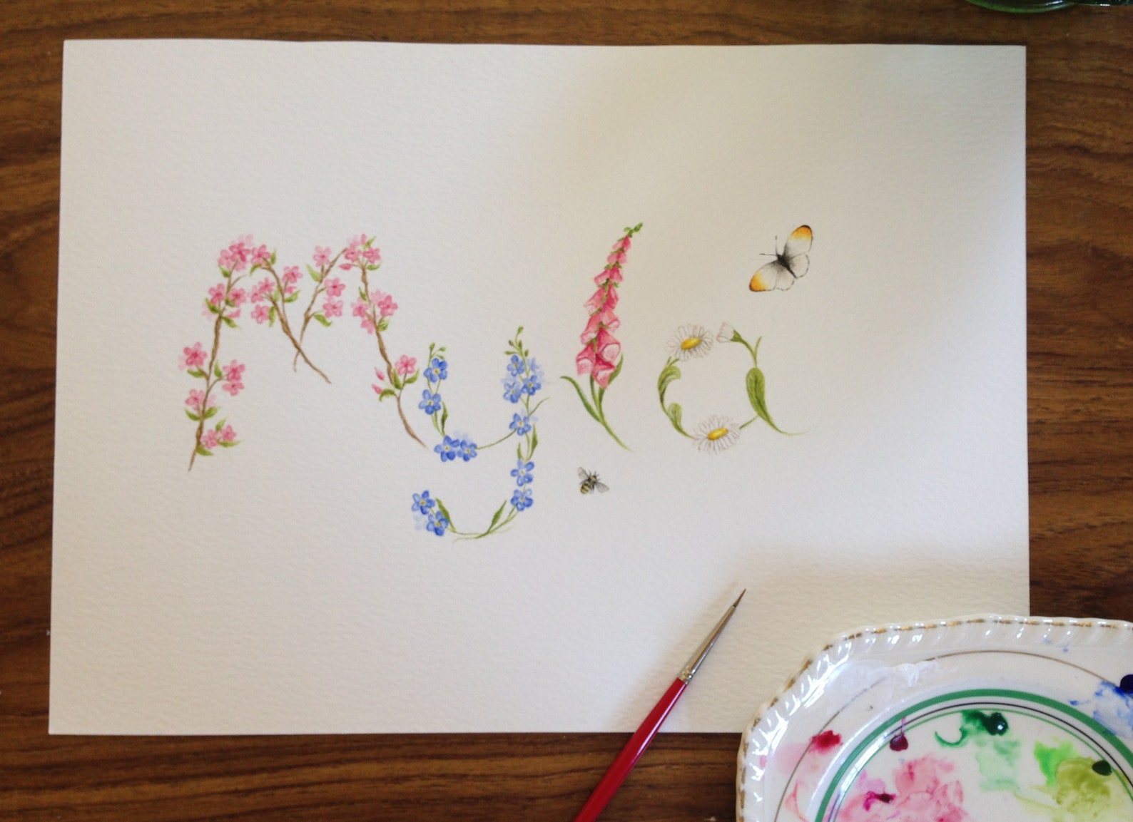 Custom Floral Name Painting. Hand Drawn and Painted in Watercolours ...