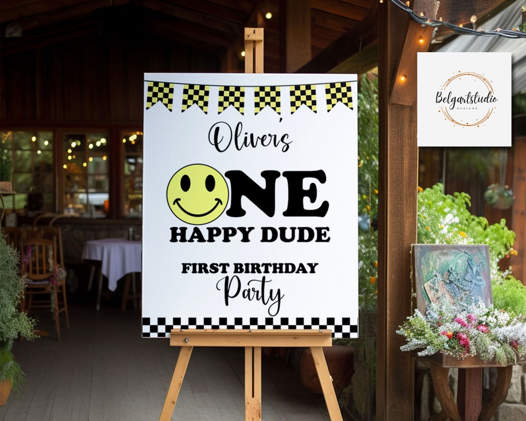 One Happy Dude Welcome Sign Template-retro Groovy Smile Face Welcome ...