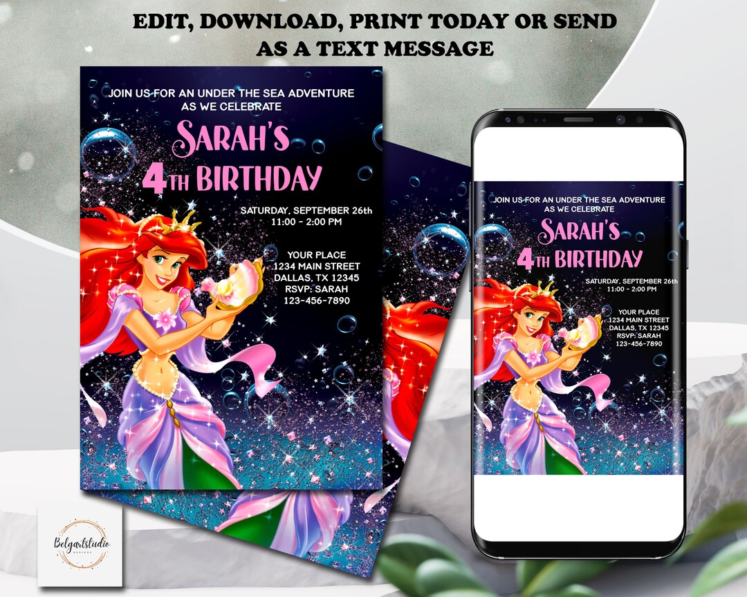Editable Princess Ariel Birthday Invitation-little Mermaid Birthday ...
