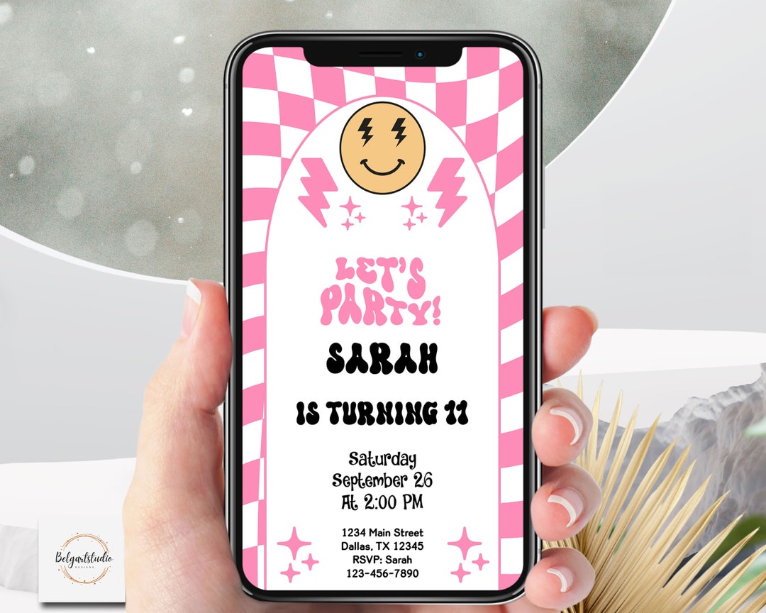 Editable Electronic Retro Pink Smiley Face Birthday Evite-emoji Digital ...