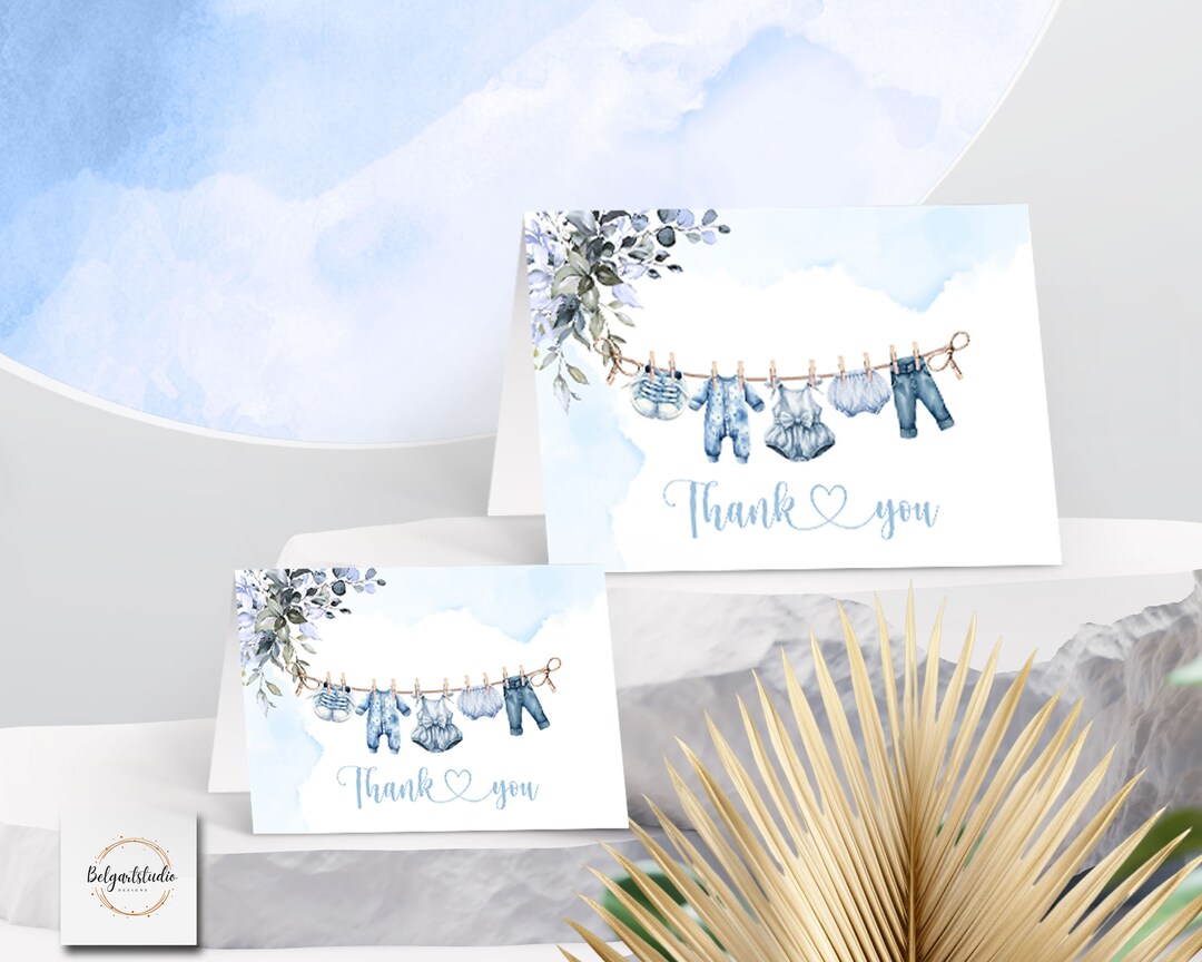 Editable Baby Clothes Baby Shower Thank You Card-boho Blue Baby Shower ...