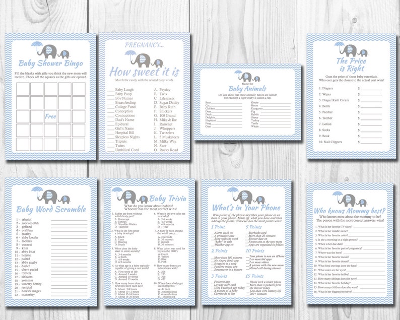 Elephant Baby Shower Games Package in Blue and White Eight - Etsy