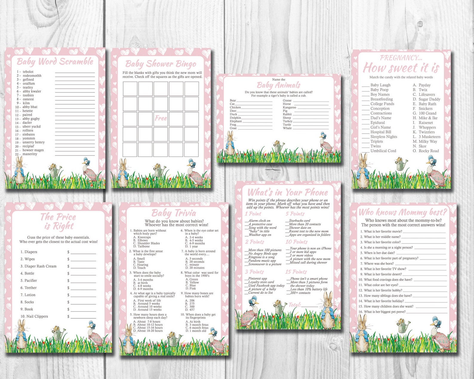 Peter Rabbit Girl Baby Shower Games Package Eight Printable - Etsy