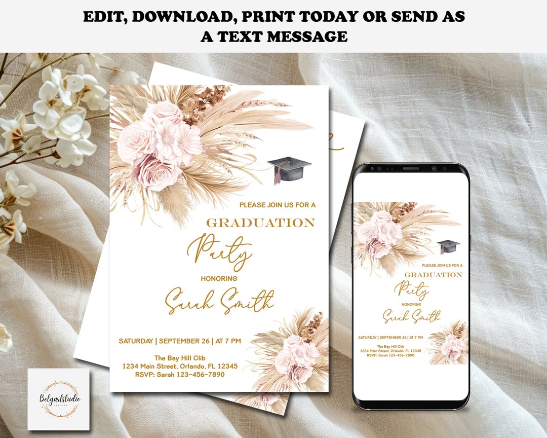 Editable Boho Pink Pampas Grass Graduation Party Invitation-bohemian ...