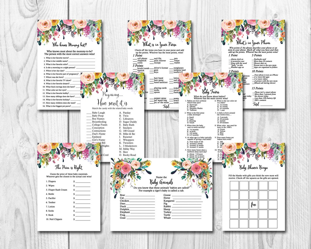 Floral Baby Shower Games Package Eight Printable Games: Bingo, Price is ...