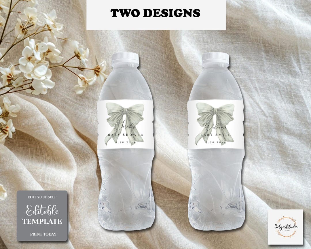 Editable Sage Green Bow Water Bottle Label Template-printable ...