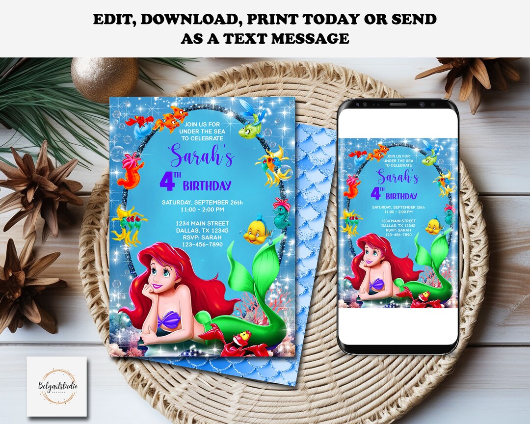 Editable Princess Ariel Birthday Invitation-little Mermaid Birthday ...