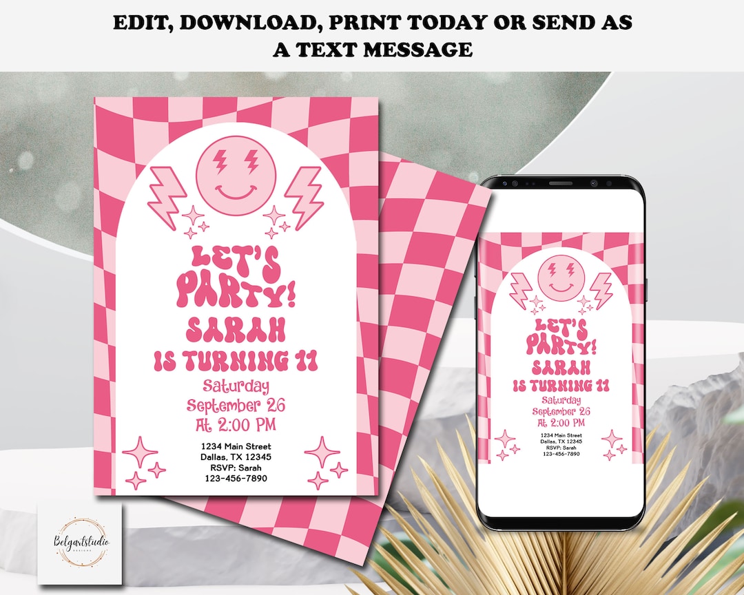 Editable Retro Pink Smiley Face Birthday Invitation Girl-emoji Invite ...