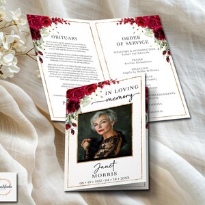 Red Roses and Gold Funeral Program Template-burgundy in Loving Memory ...