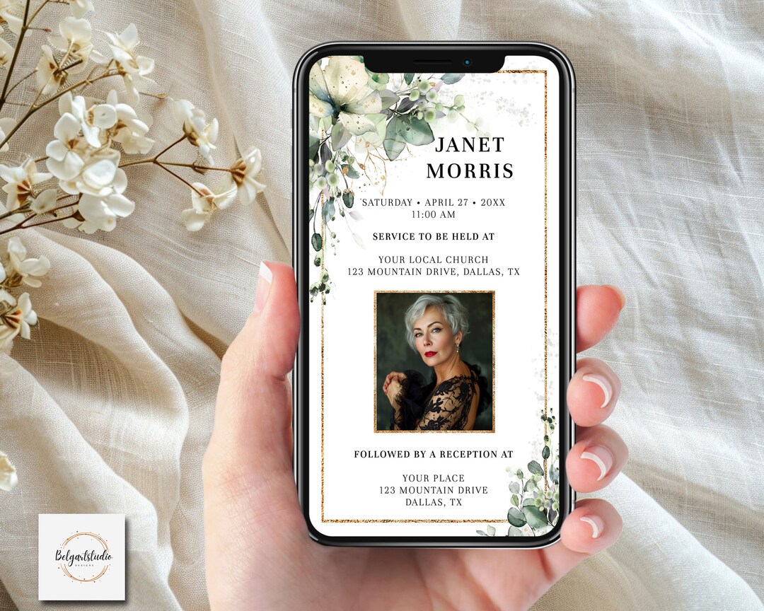 Rustic Boho Greenery and Gold Funeral Announcement Electronic Evite ...