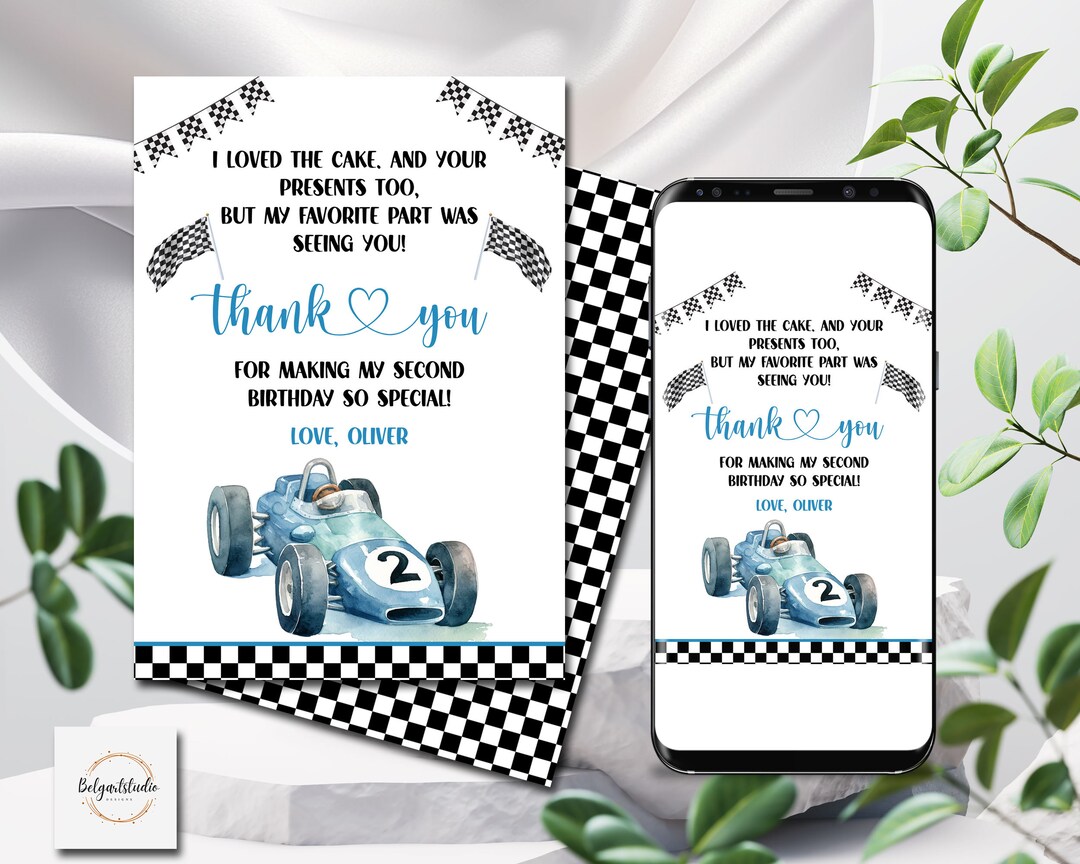 Editable Race Car Birthday Thank You Flat Card-blue Race Car - Etsy