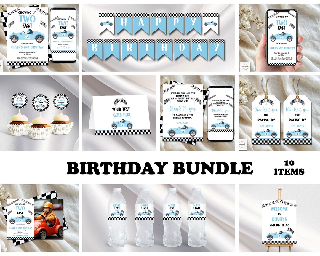 Editable Blue Race Car Birthday Bundle-two Fast Birthday Package-racer ...