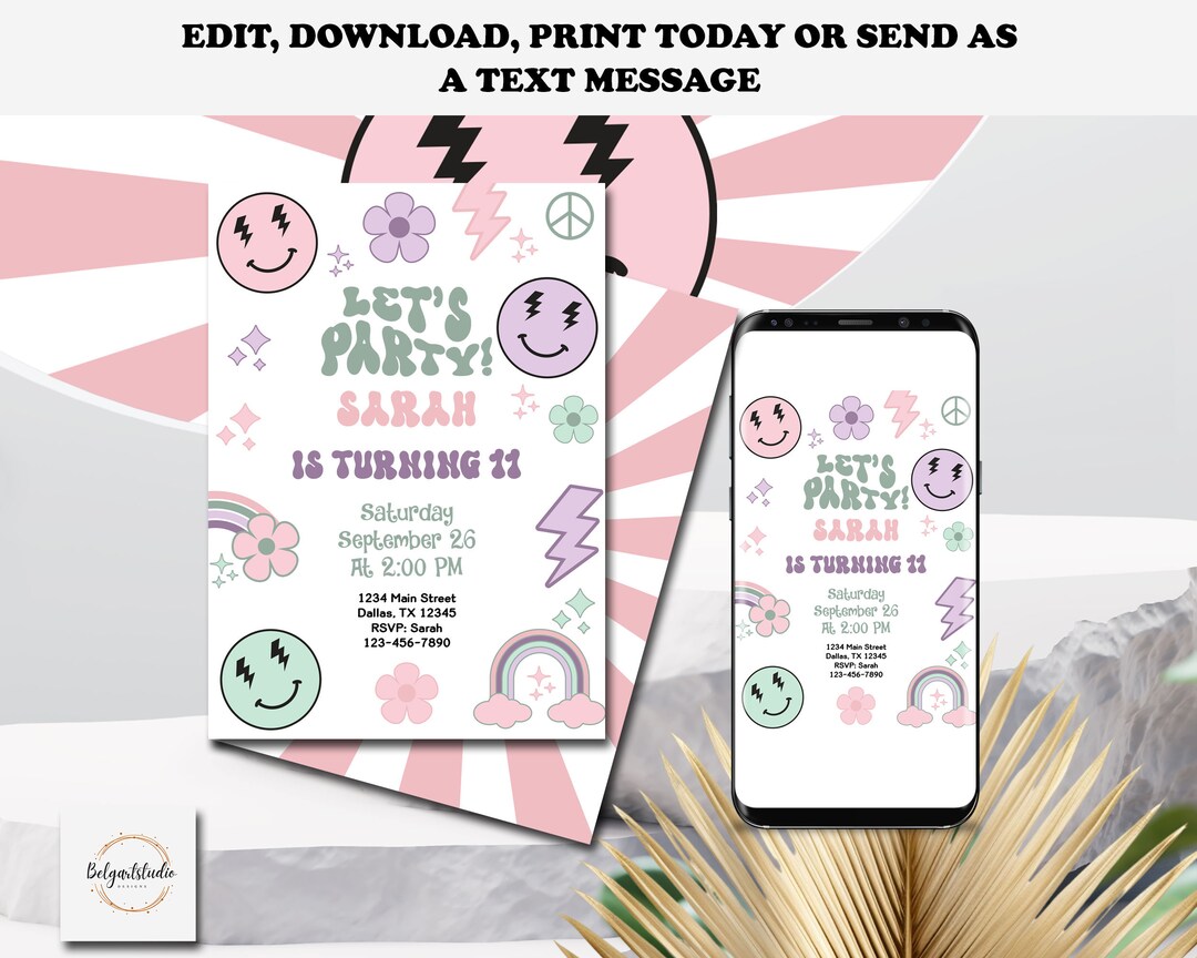 Editable Retro Pastel Smiley Face Birthday Invitation Girl-emoji Invite ...