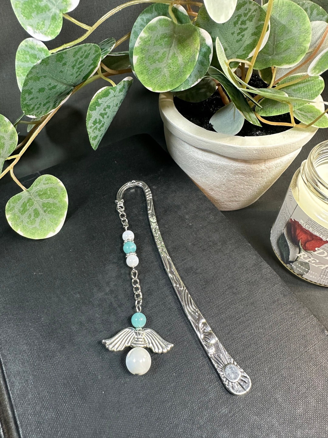 Silver Metal Bookmark With Blue and Pearl Beads - Etsy