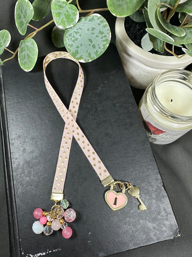 Ribbon Bookmark - Pink & Gold Love Lock Charm - Etsy