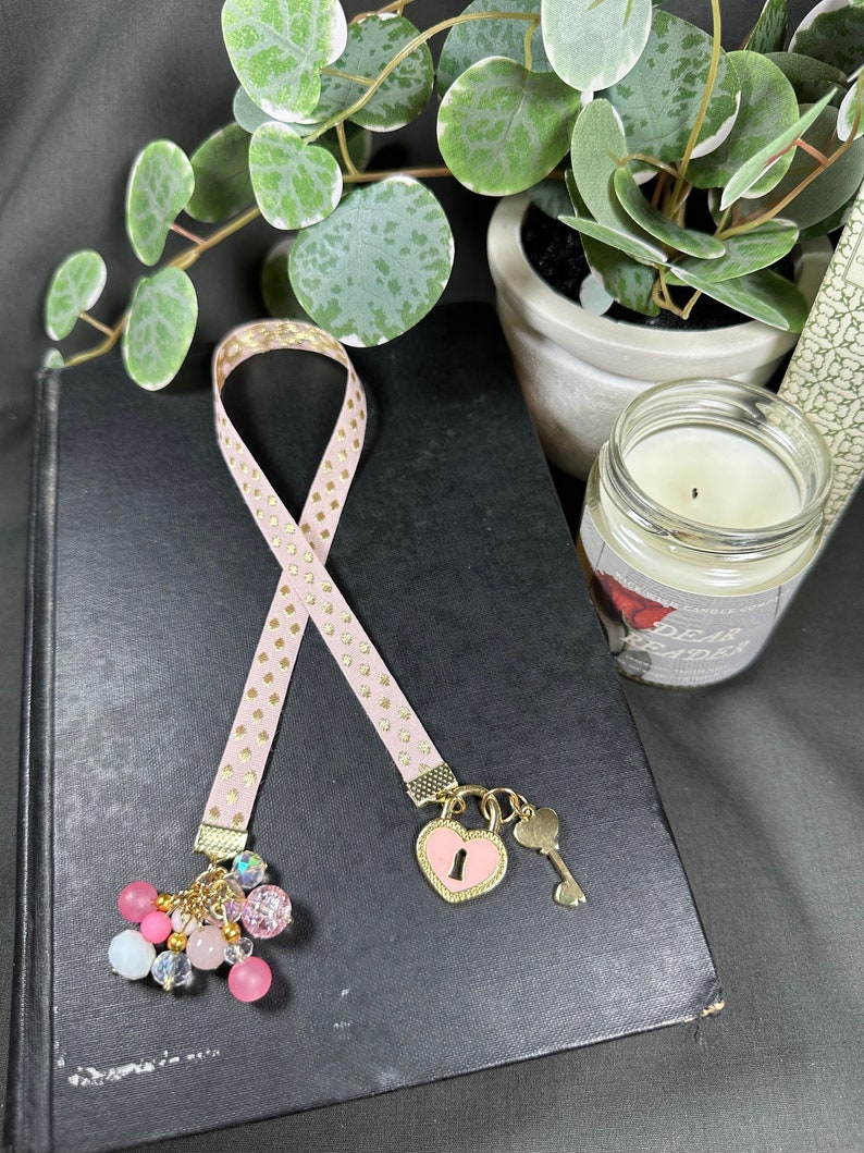 Ribbon Bookmark - Pink & Gold Love Lock Charm - Etsy