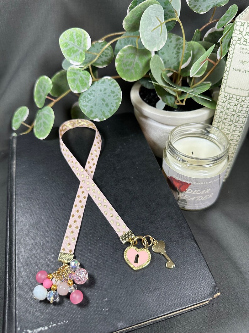 Ribbon Bookmark - Pink & Gold Love Lock Charm - Etsy