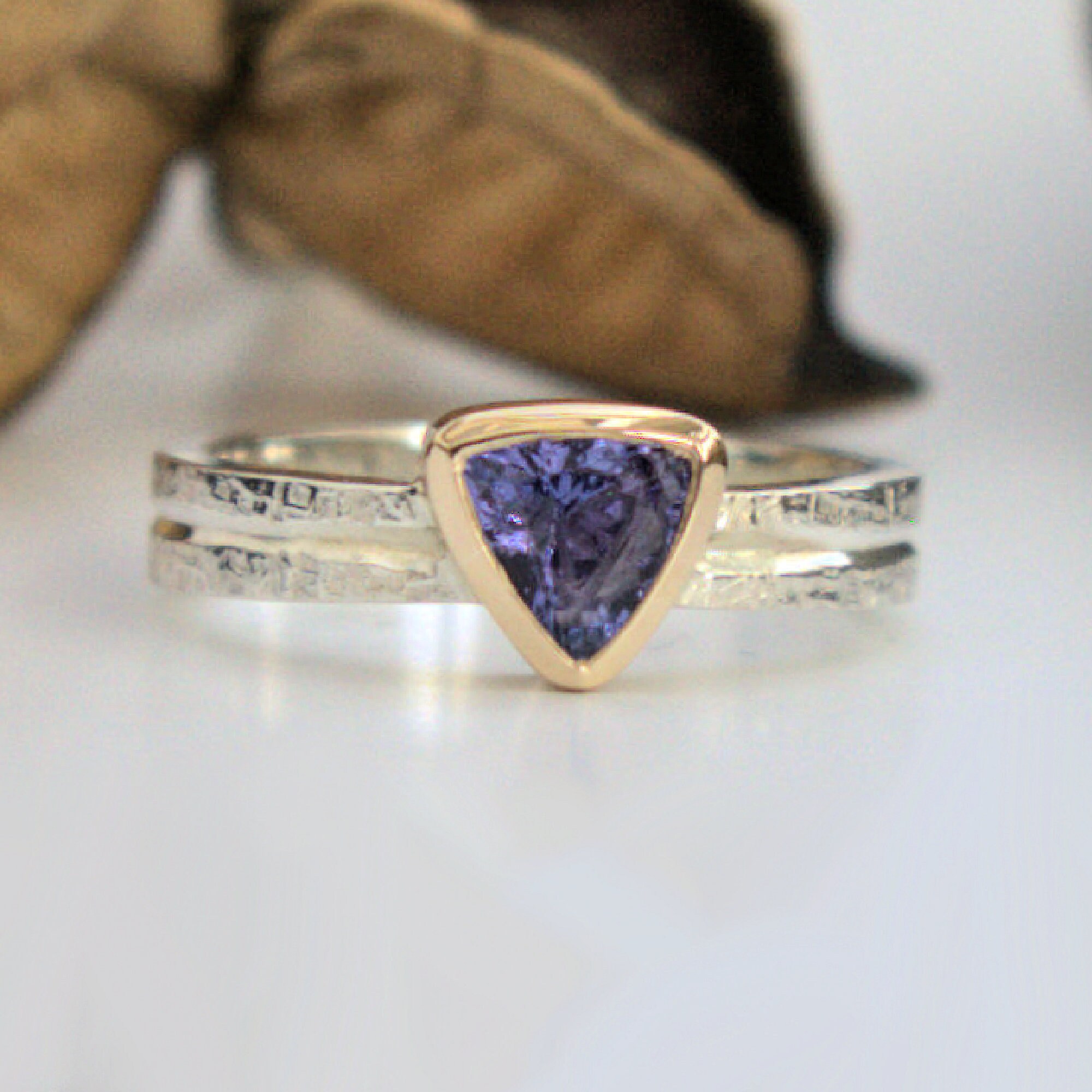 Tanzanite Trillion Gold and Silver Solitaire Ring Gold Bezel Setting ...