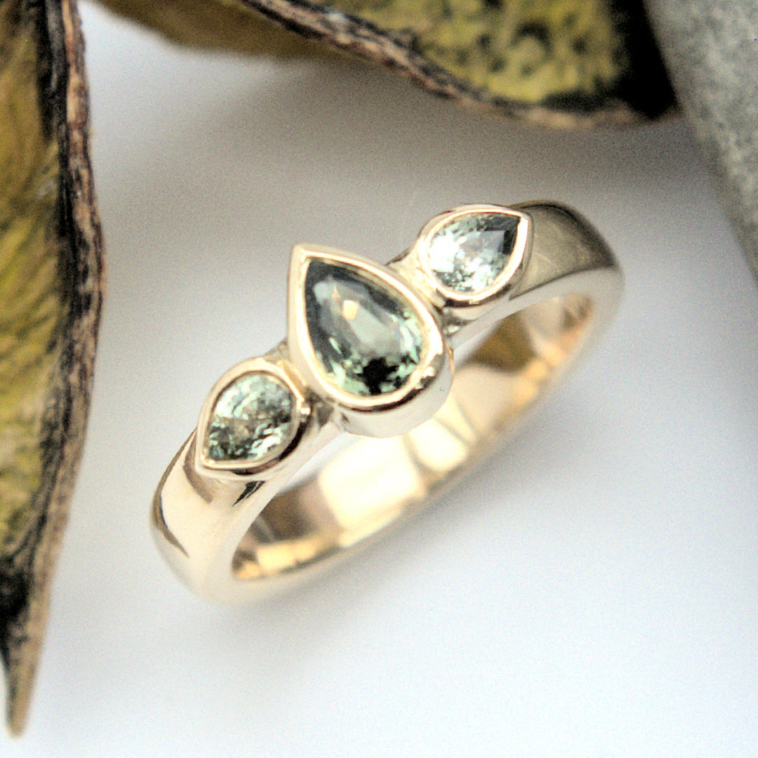 Green Sapphire Pears Trilogy 9ct Gold Ring Rub Over Settings - Etsy UK