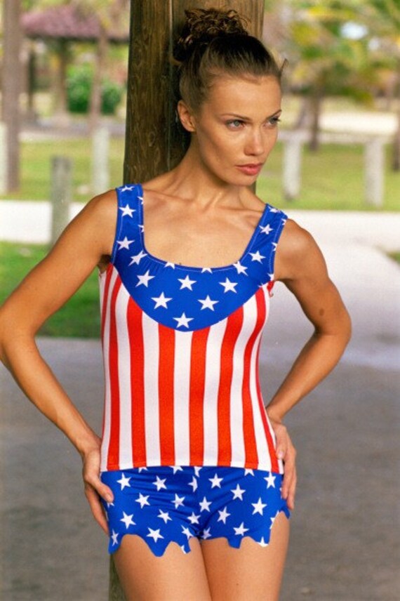 Two Piece Tank Top And Short Shorts Set Red White And Blue Etsy