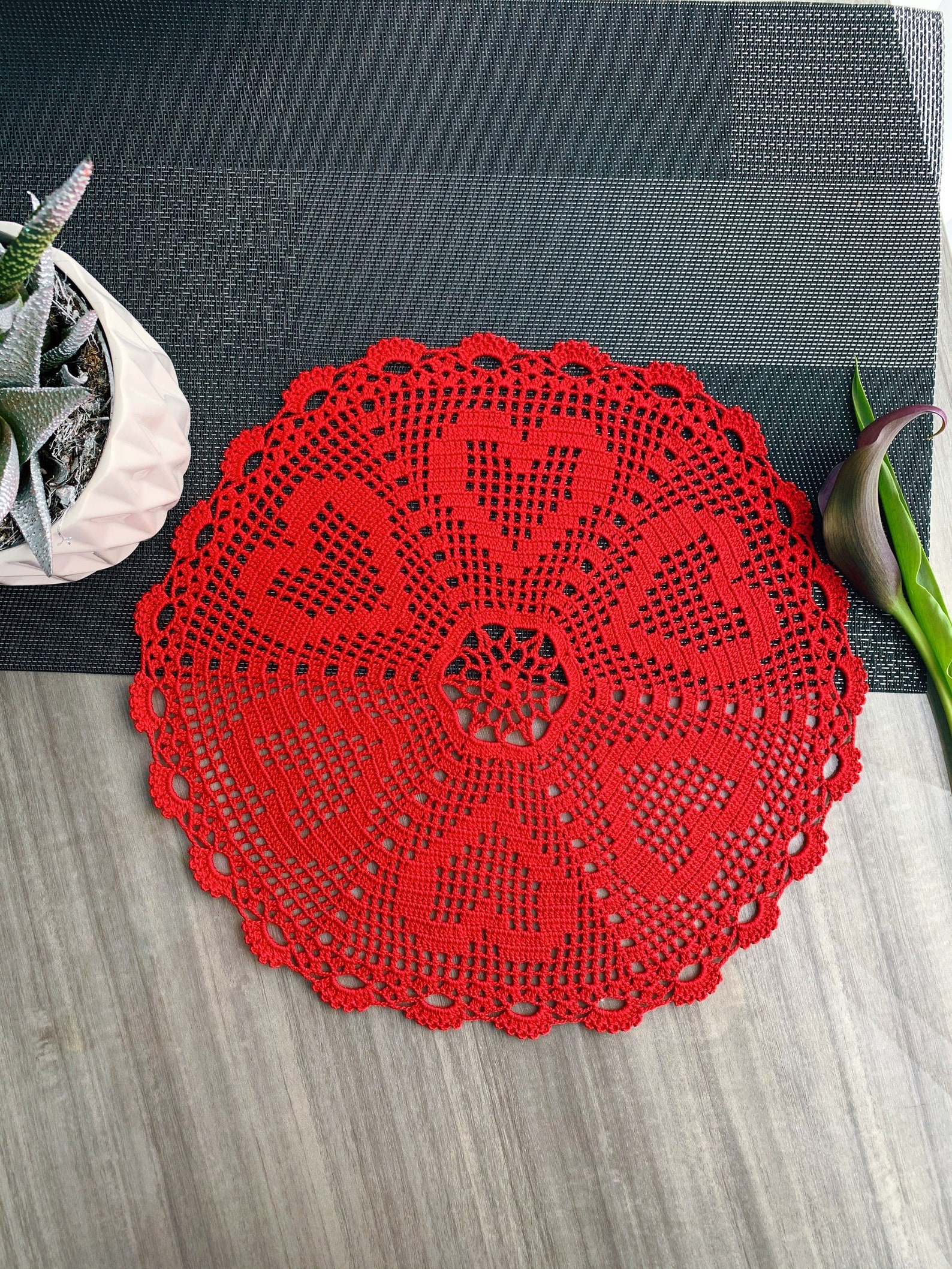 Red Crocheted Round Doily Lace Doily for Christmas Decor | Etsy