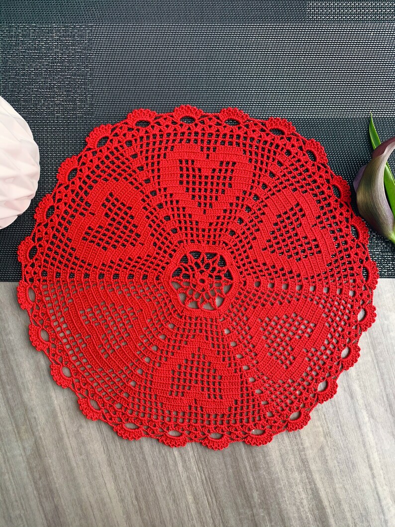 Red Crocheted Round Doily Lace Doily for Christmas Decor | Etsy