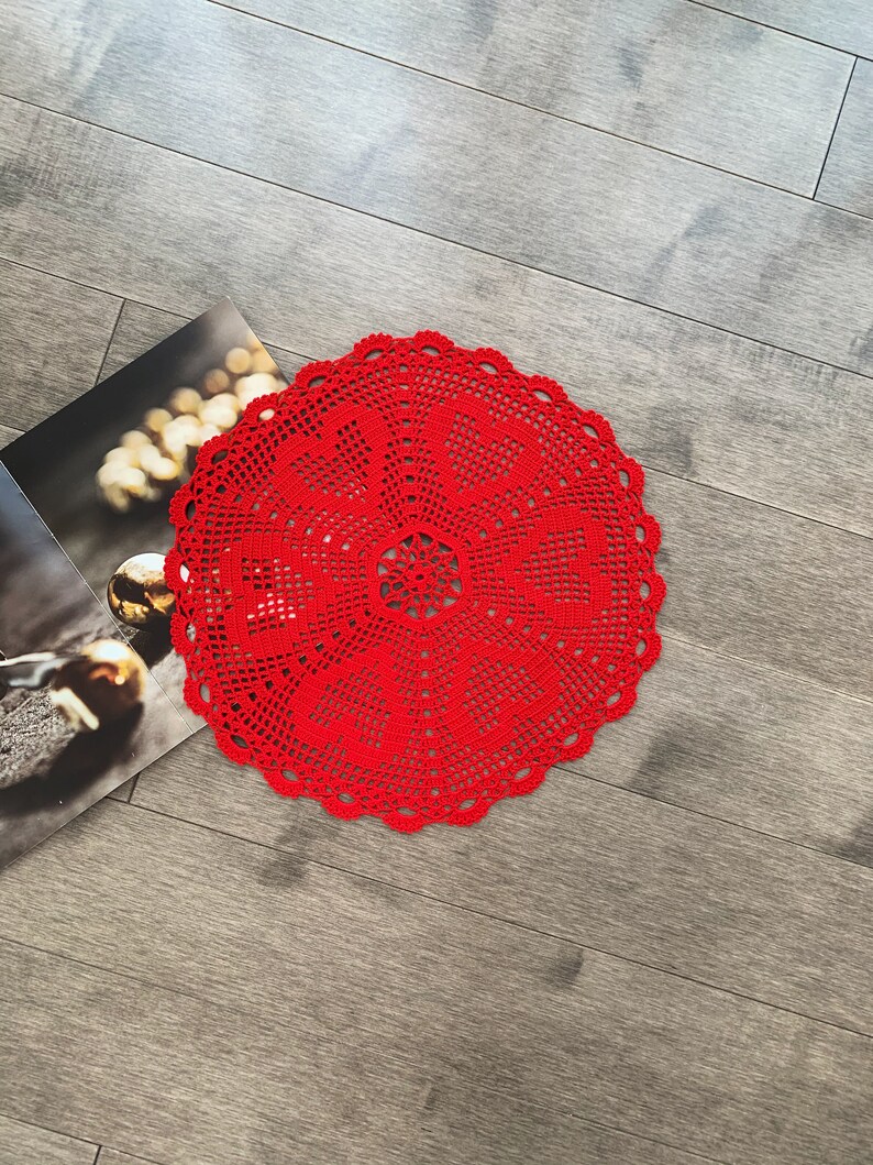 Red Crocheted Round Doily Lace Doily for Christmas Decor | Etsy