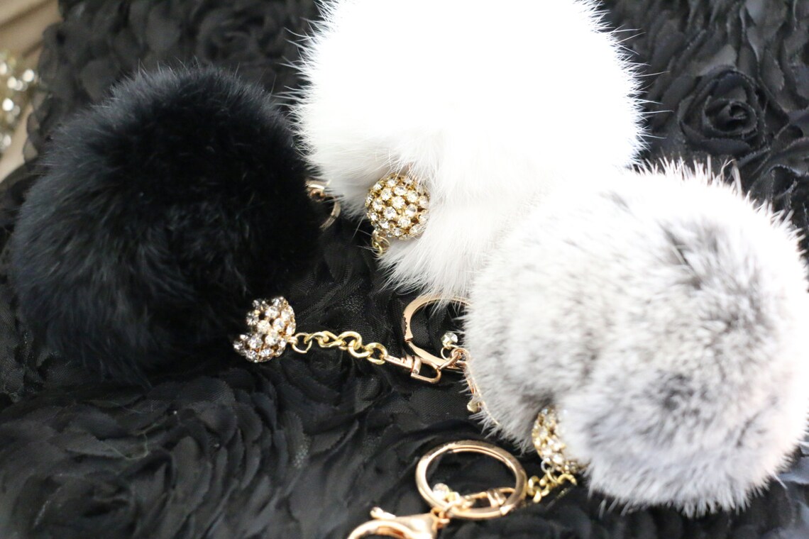 Fur Pom Pom, Bag Charm, Key Chain and Purse Accessories, Black. - Etsy