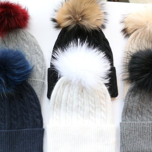 Fur Pom Pom, Beanie, Hat, Interchangeable/detachable Genuine Raccoon ...