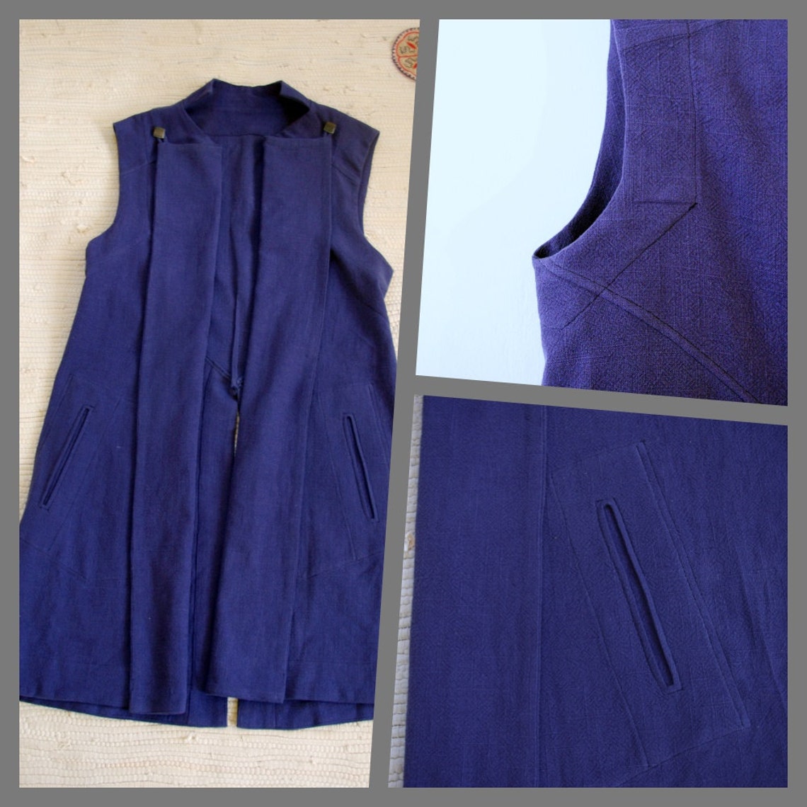 Unisex Hemp Vest With Pockets Samurai Vest Navy Blue - Etsy