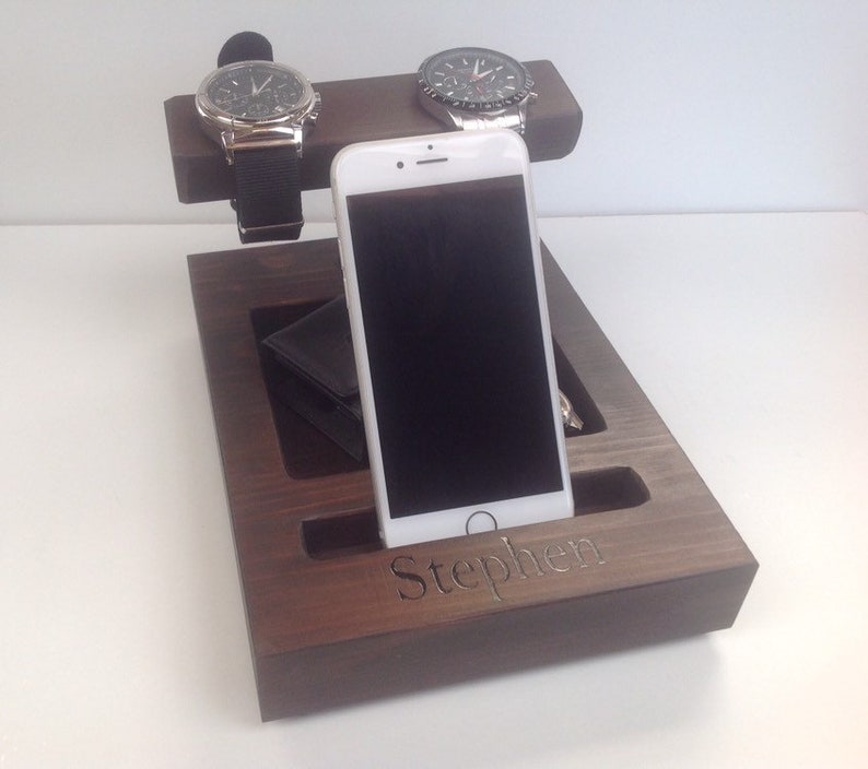 Personalised Twin wood watch stand wallet tray with phone | Etsy