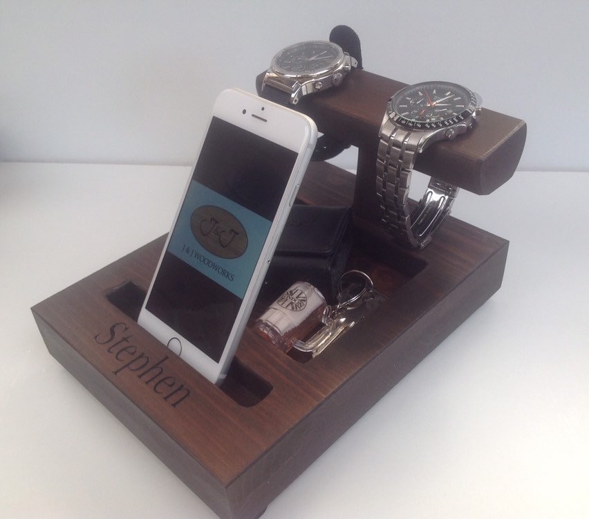 Personalised Twin wood watch stand wallet tray with phone | Etsy