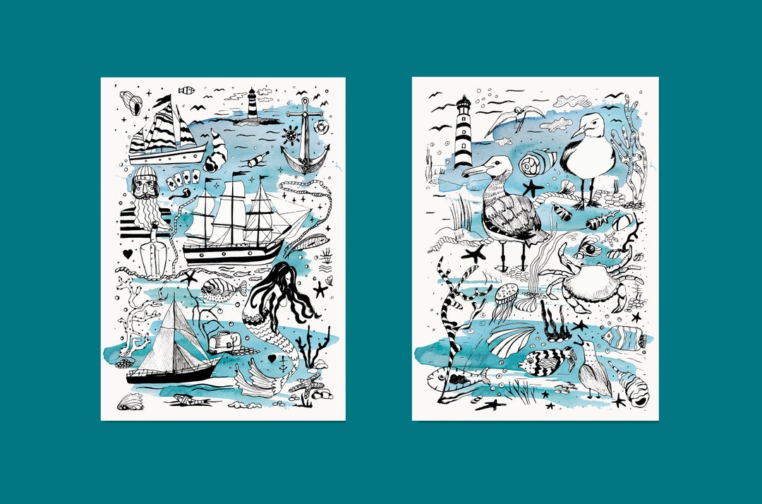 Printable Art Watercolor Ink, Sea Life Print Set of 2 A5 Illustrations ...