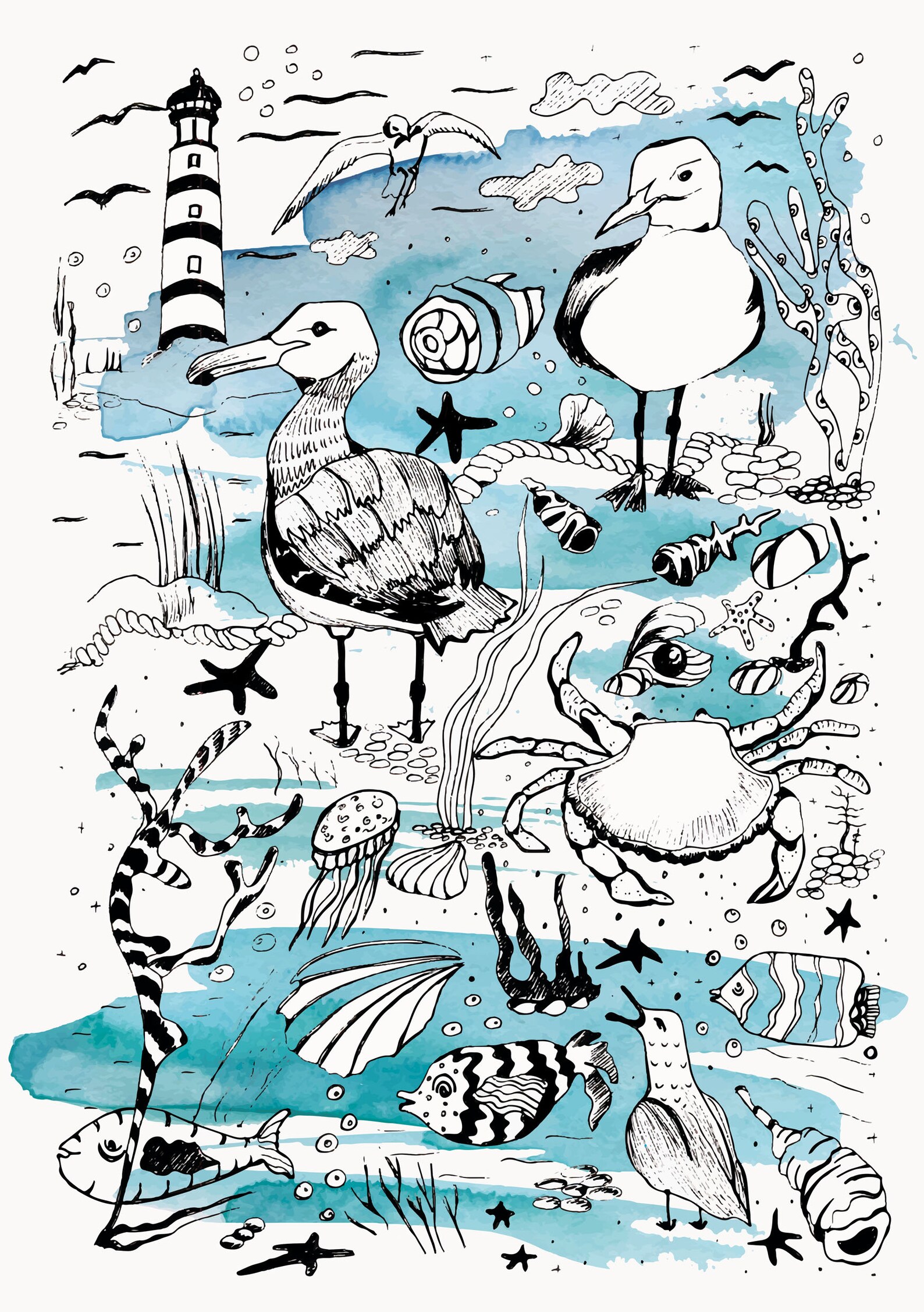 Printable Art Watercolor Ink Sea Life Print Set of 2 A5 | Etsy