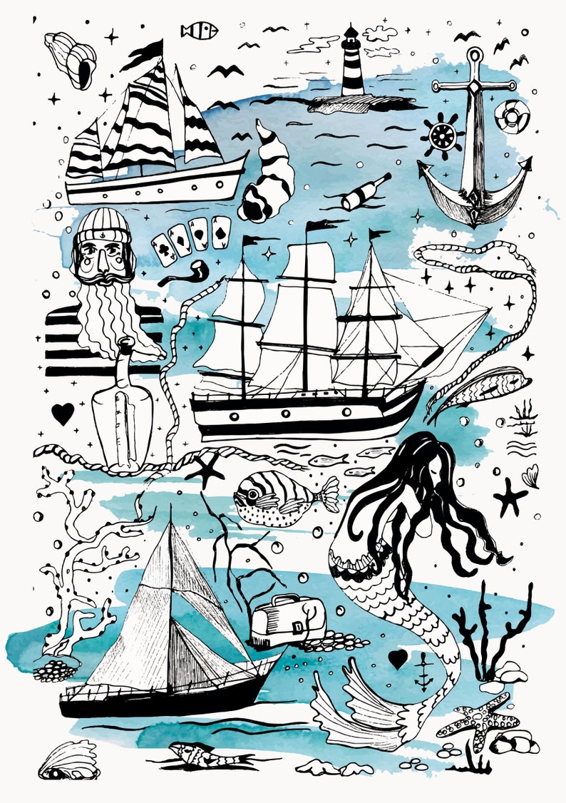 Printable Art Watercolor Ink Sea Life Print Set of 2 A5 - Etsy