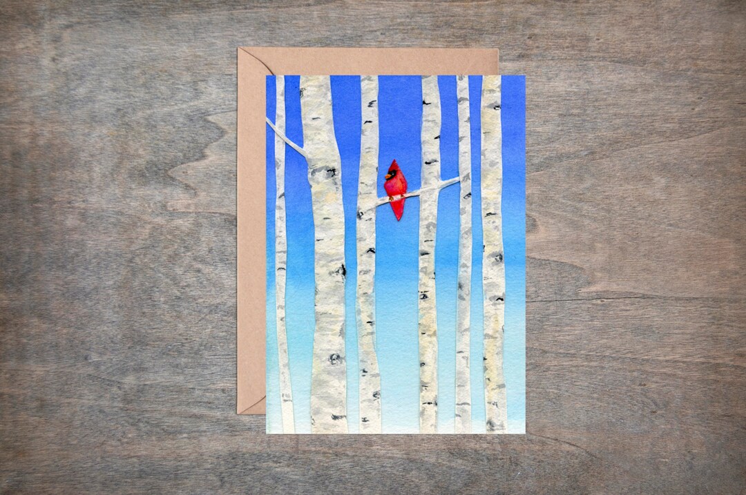 Single Card-or- 6 Card Set: Cardinal in Winter Birches. Cardinal Art ...