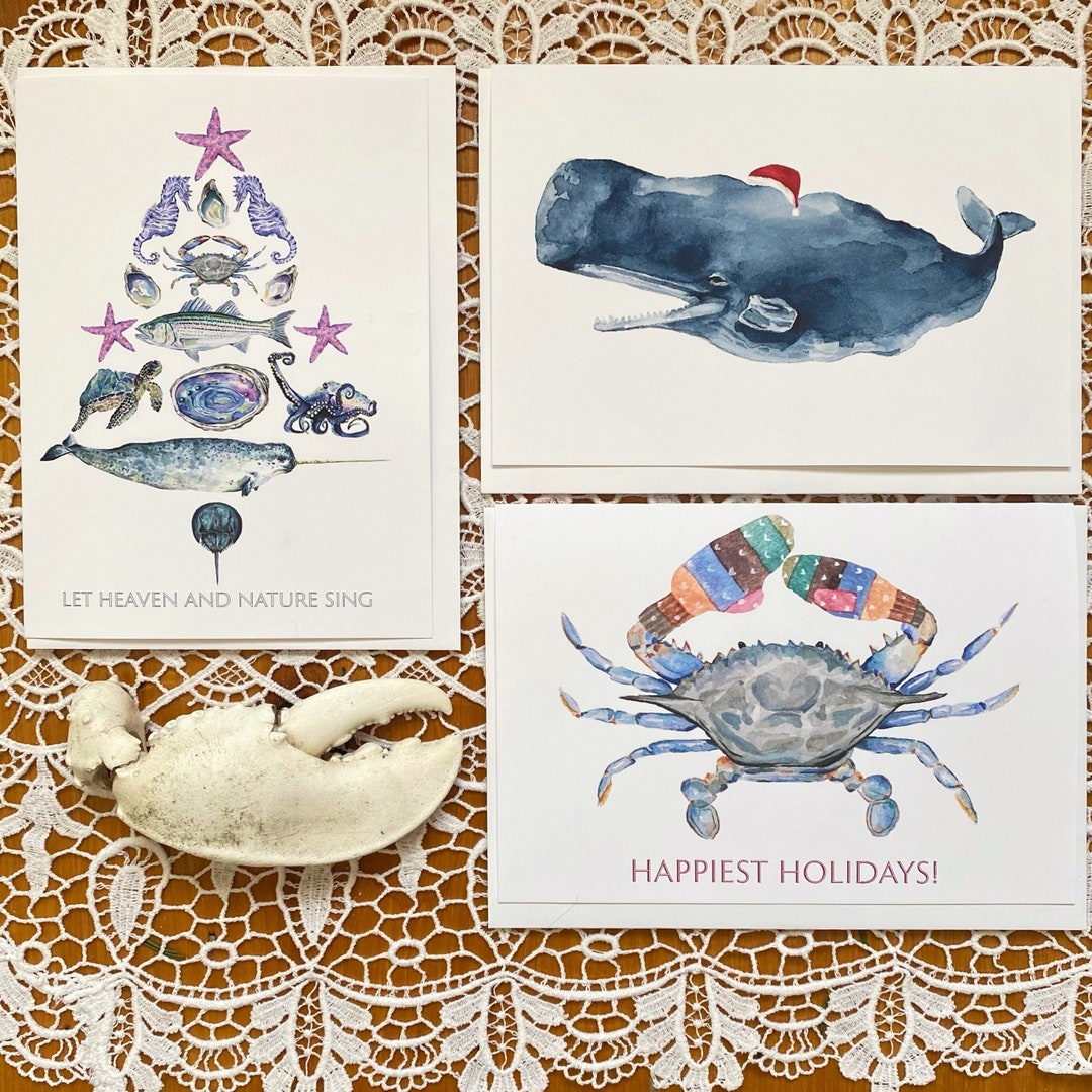 Set of 3 or 6 Blank Nautical Holiday Cards With Envelopes, Ocean ...