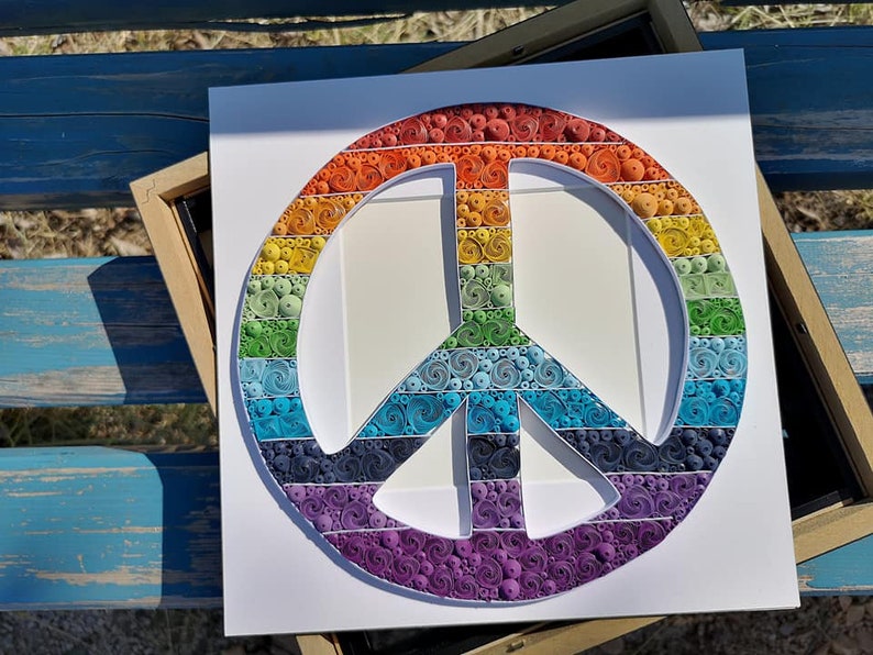 Paper Peace Sign Quilled Wall Art, Hippie Symbol Framed Decor ...
