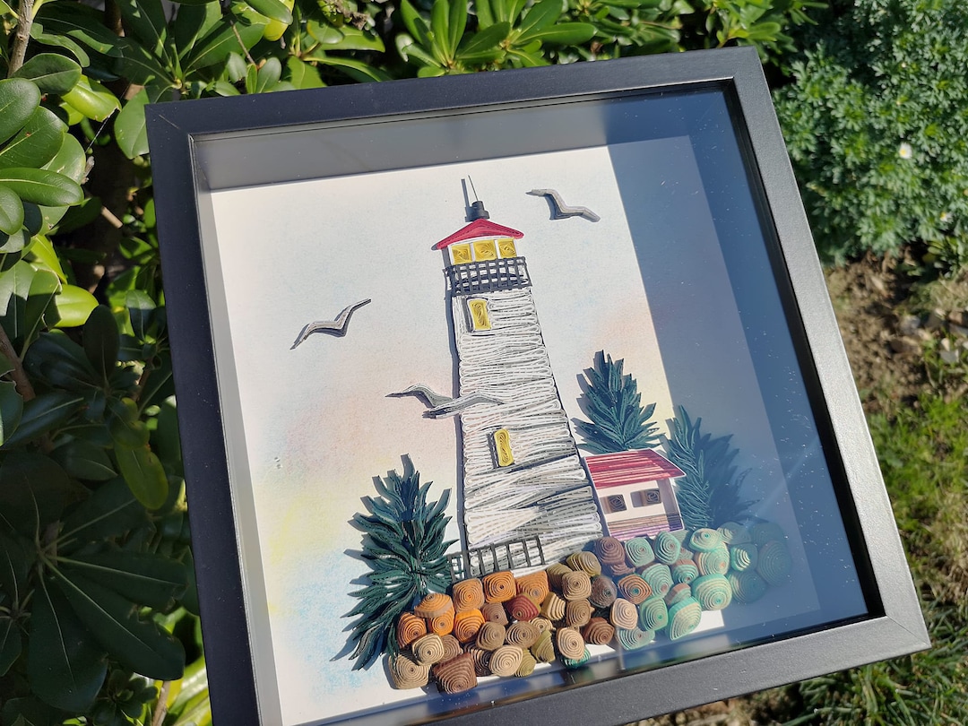 Quilled Lighthouse on Rocky Island, Handmade Paper Art, Framed Quilled ...