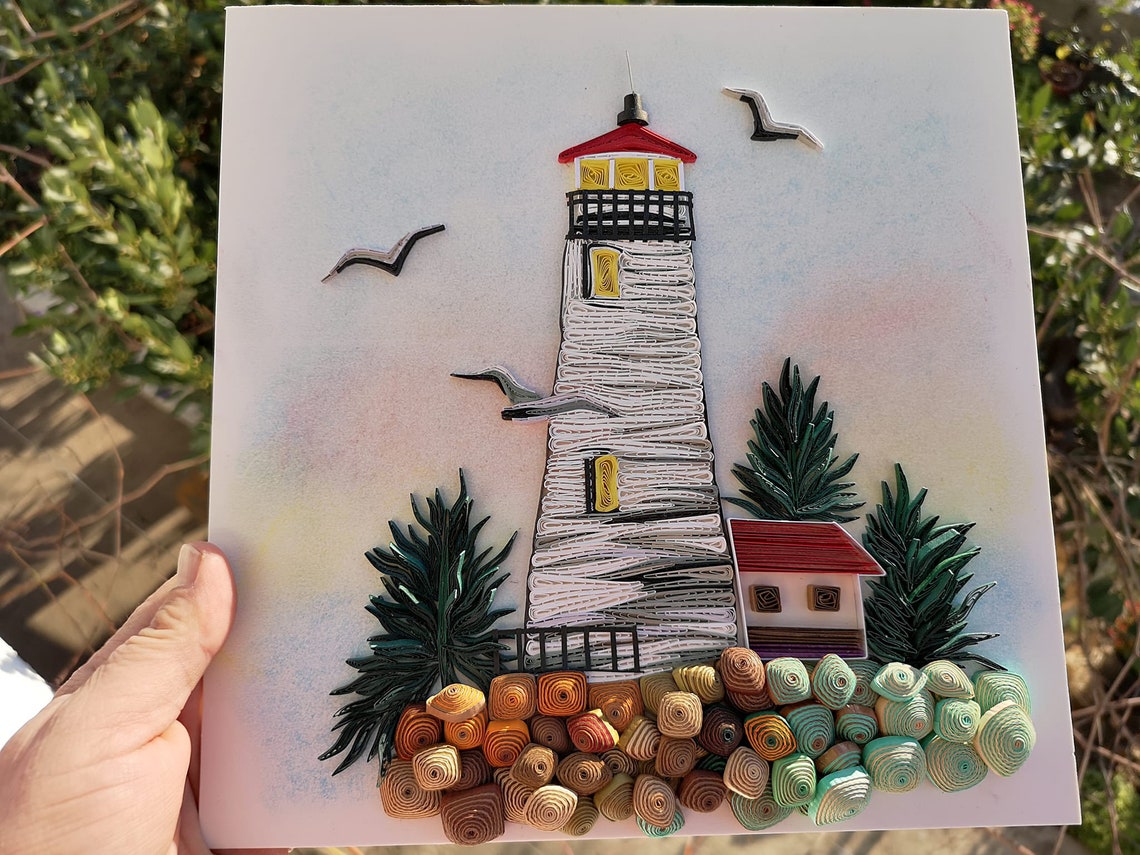 Quilled Lighthouse on Rocky Island, Handmade Paper Art, Framed Quilled ...
