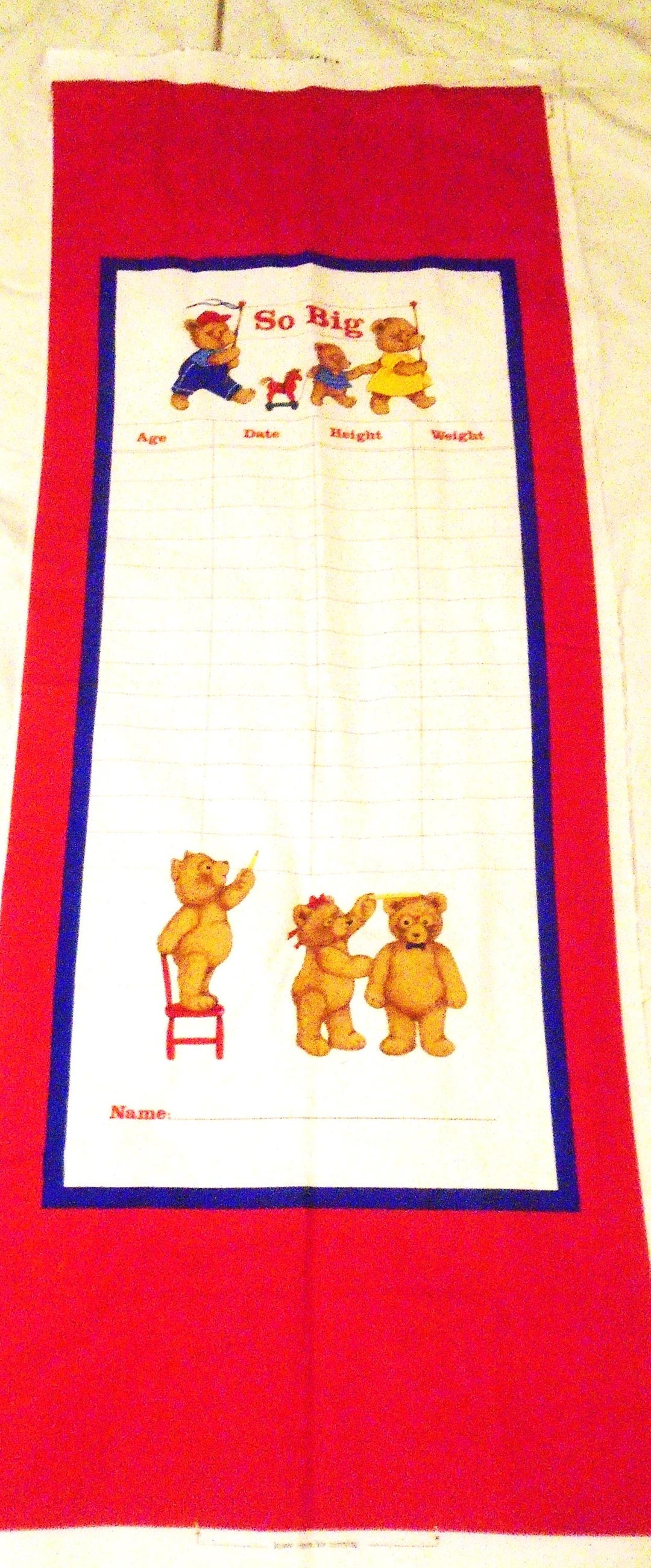 So Big Teddy Bear Growth Measuring Chart Fabric Panel Craft Project W ...