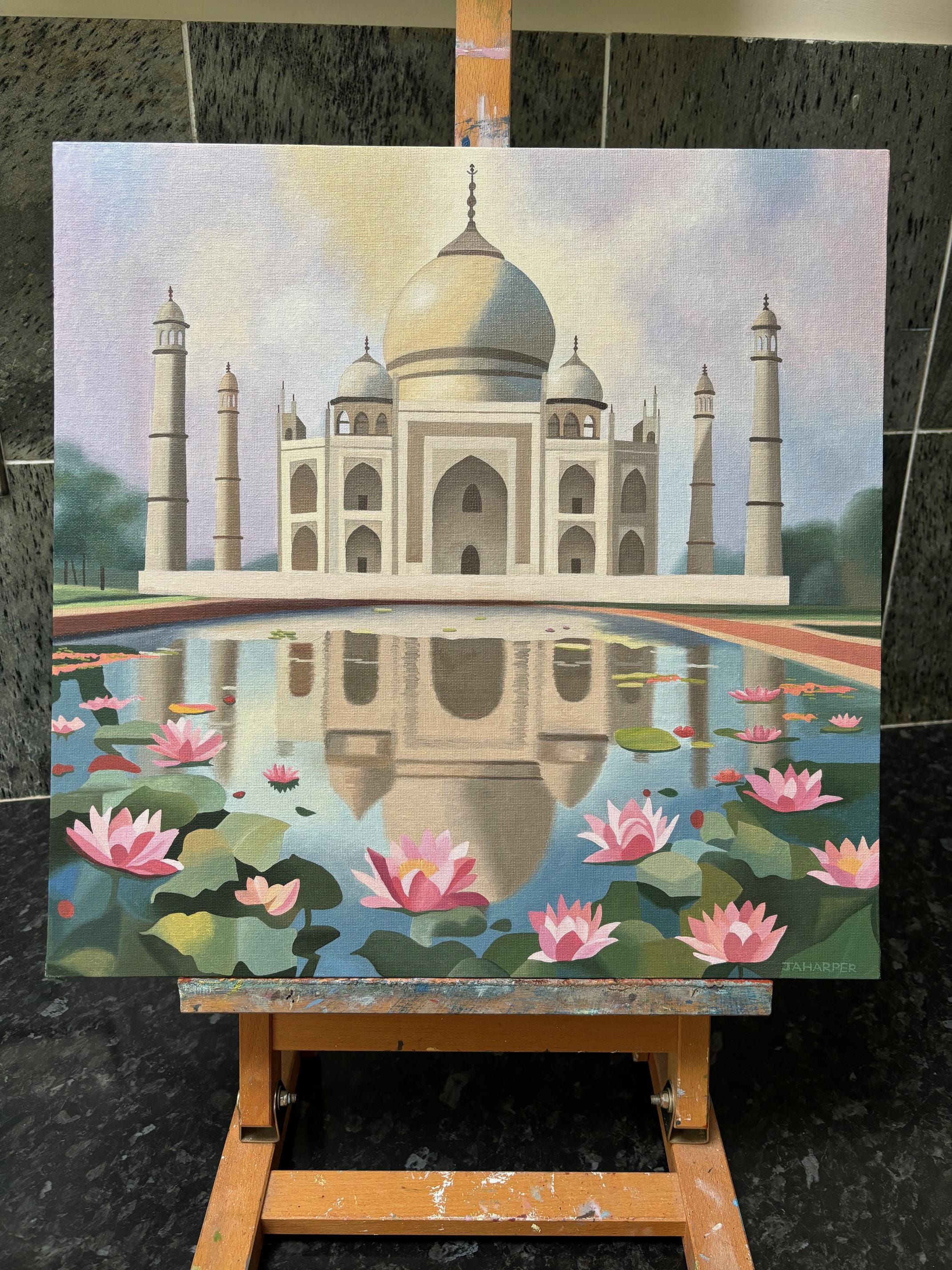 Taj Mahal Oil Painting on Canvas: India, Lotus Flowers, Architecture - Etsy
