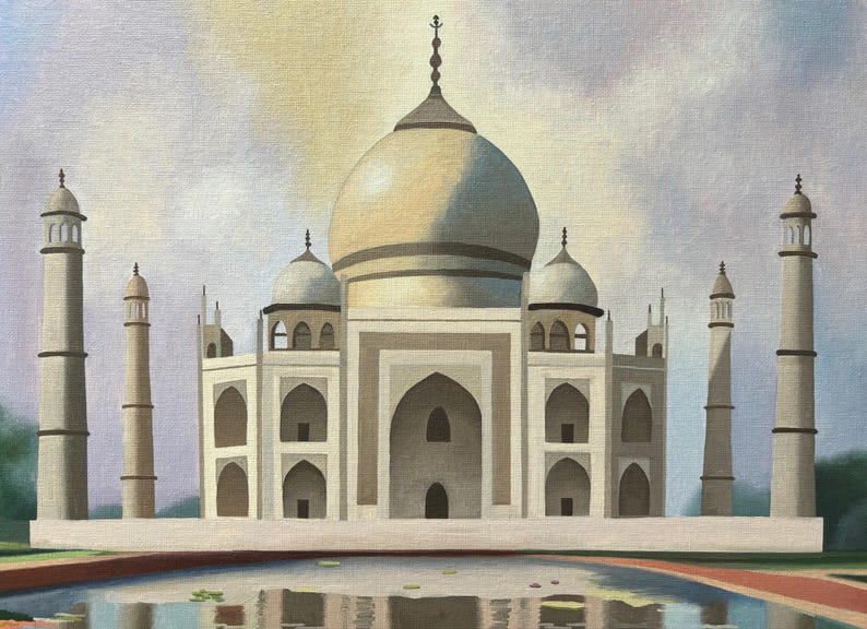 Taj Mahal Oil Painting on Canvas: India, Lotus Flowers, Architecture - Etsy