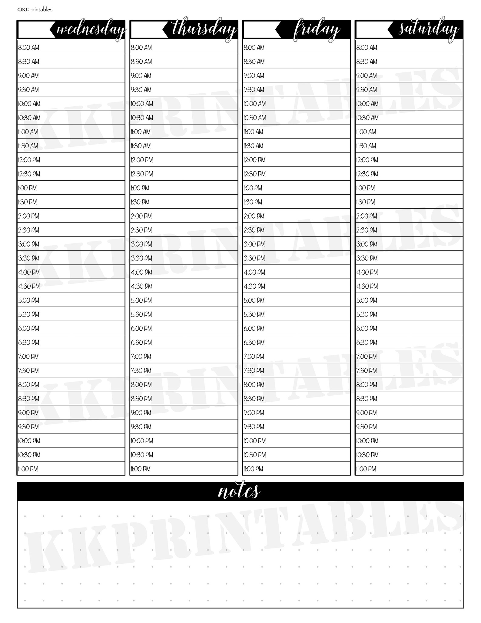 Sun-saturday Vertical Hourly Weekly Planner Printable Digital Download ...