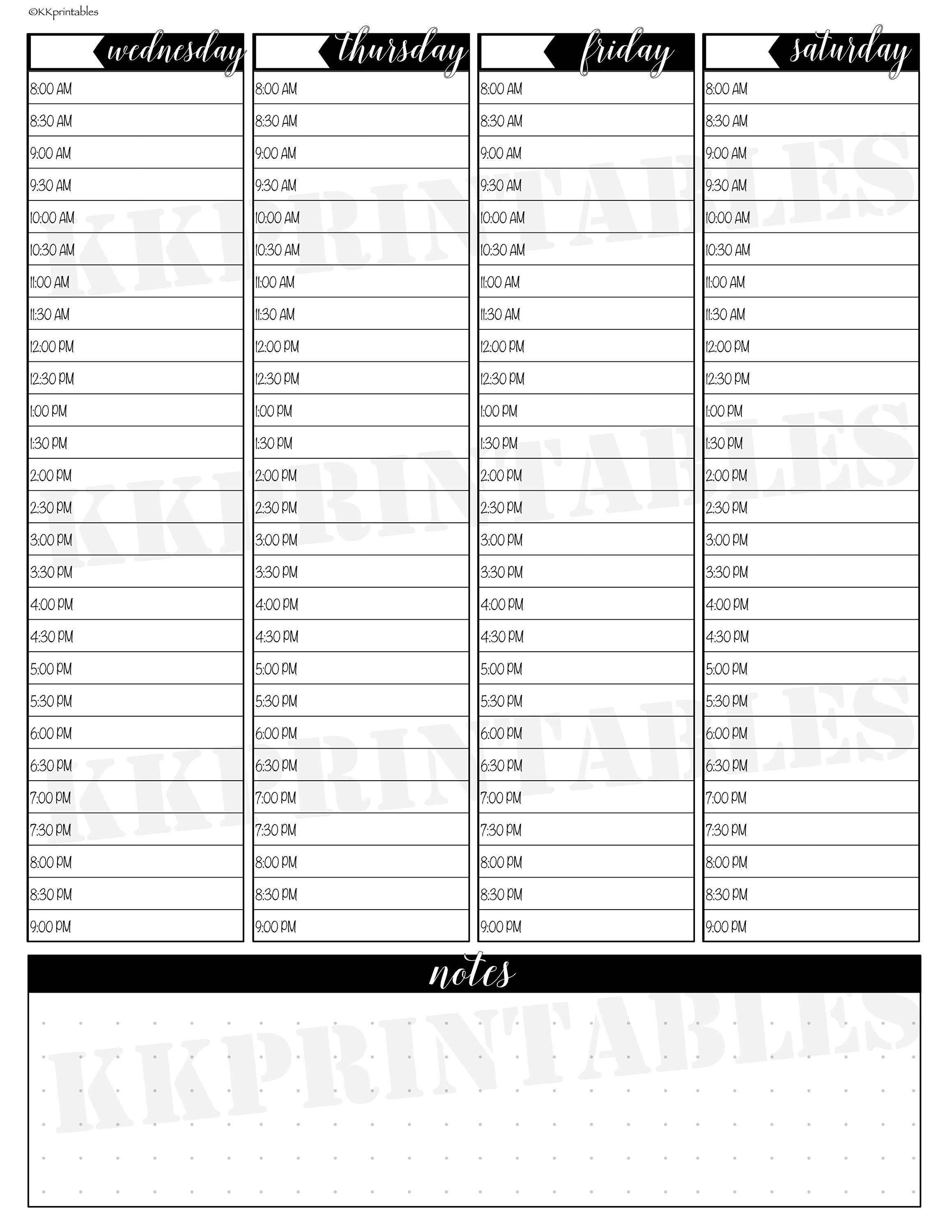 Sun-saturday Vertical Hourly Weekly Planner Printable Digital Download ...