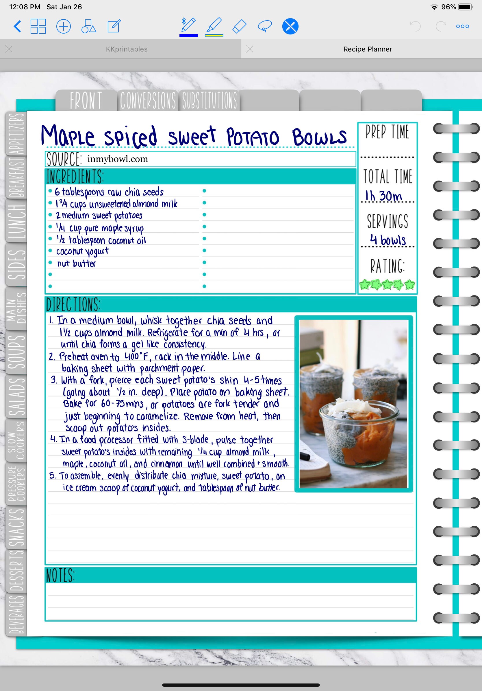 Recipe Cards Insert Printable Digital Download, Goodnotes Planner ...