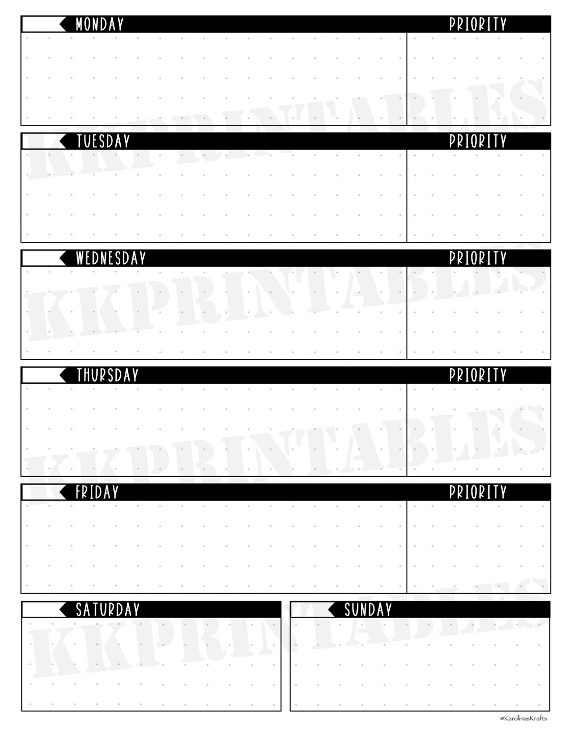 Mon-sun Horizontal Weekly Priority Planner Printable Digital | Etsy
