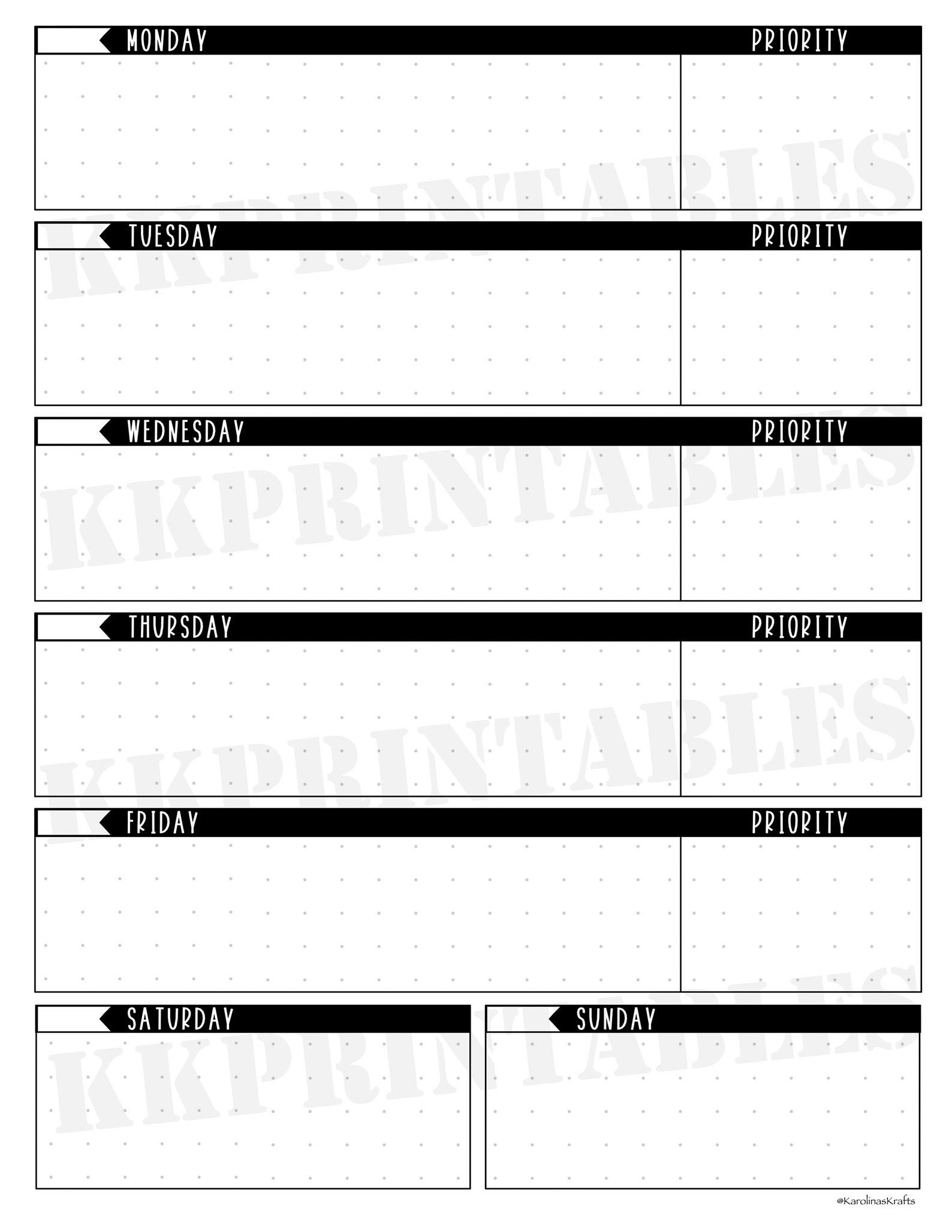Mon-sun Horizontal Weekly Priority Planner Printable Digital Download ...