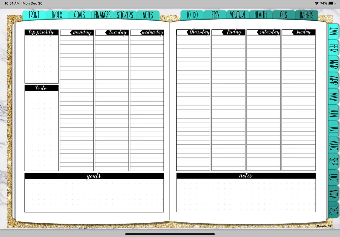 Monday-sunday Vertical Weekly Planner Printable Digital | Etsy