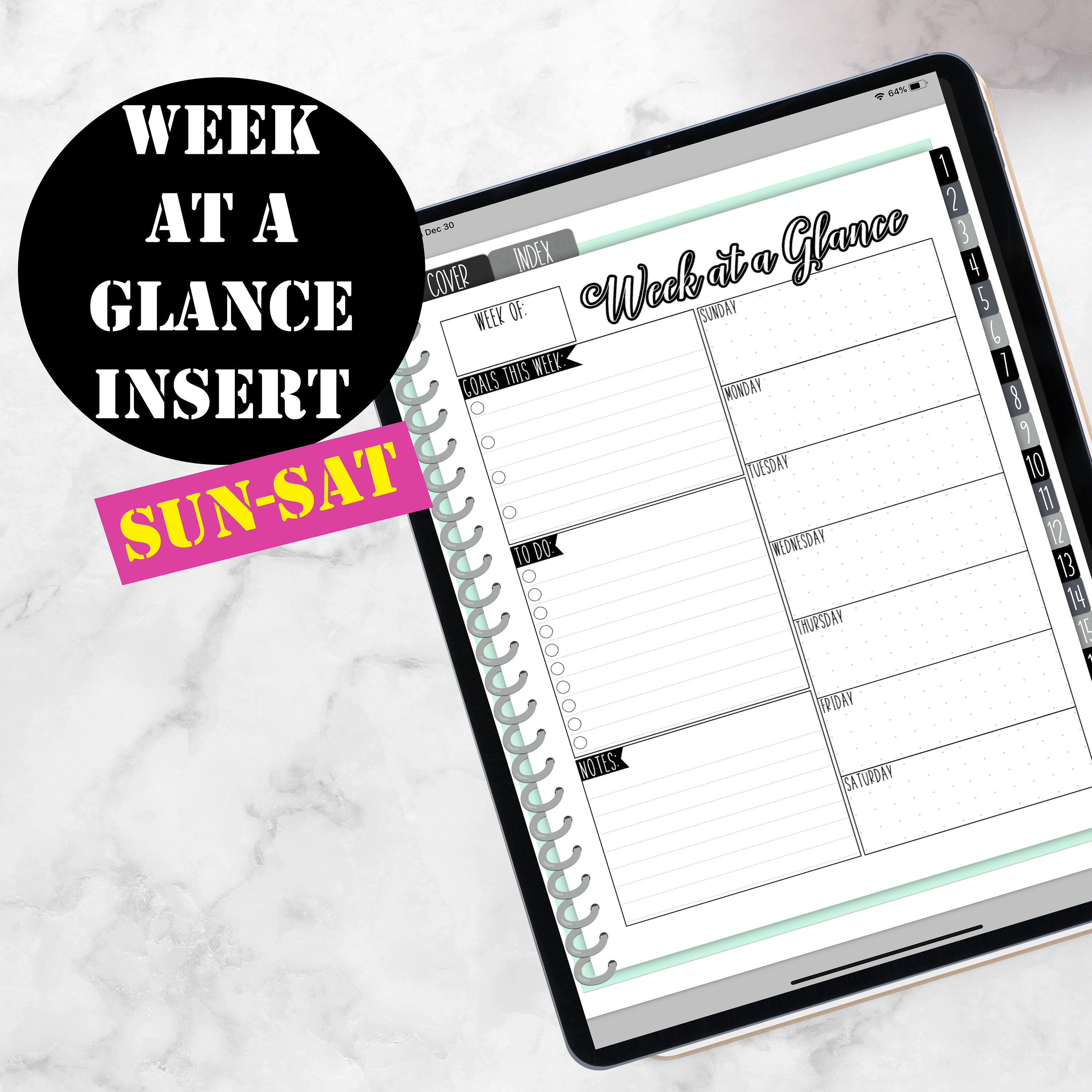 Sun-sat Week at a Glance Insert, Weekly Planner Printable Digital ...